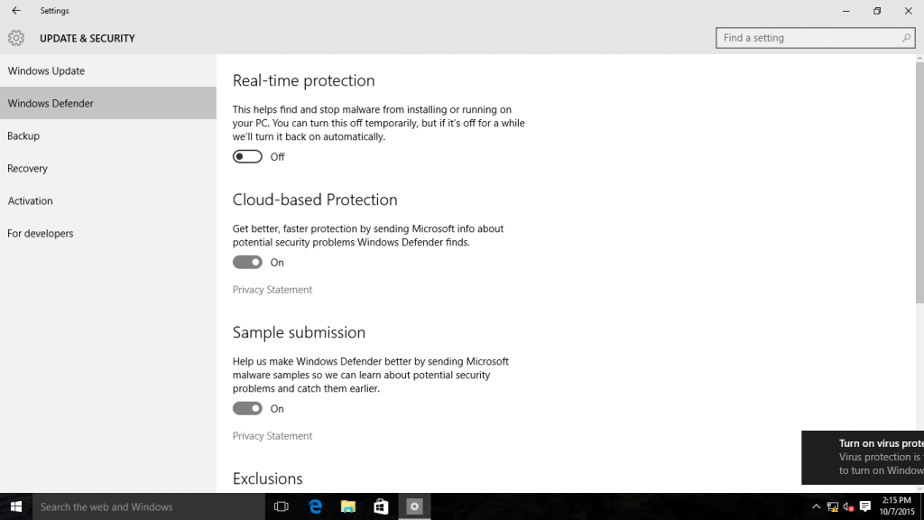 [Windows 10] How to enable/disable “Windows Defender”